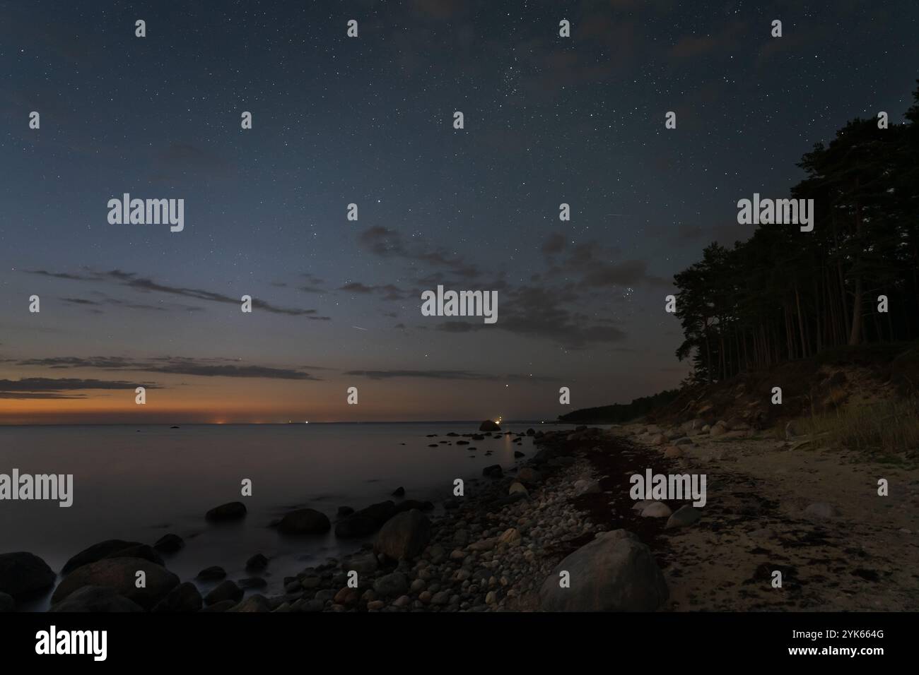 Night landscape, sandy shore of Pedassaar island, starry sky, milky way ...