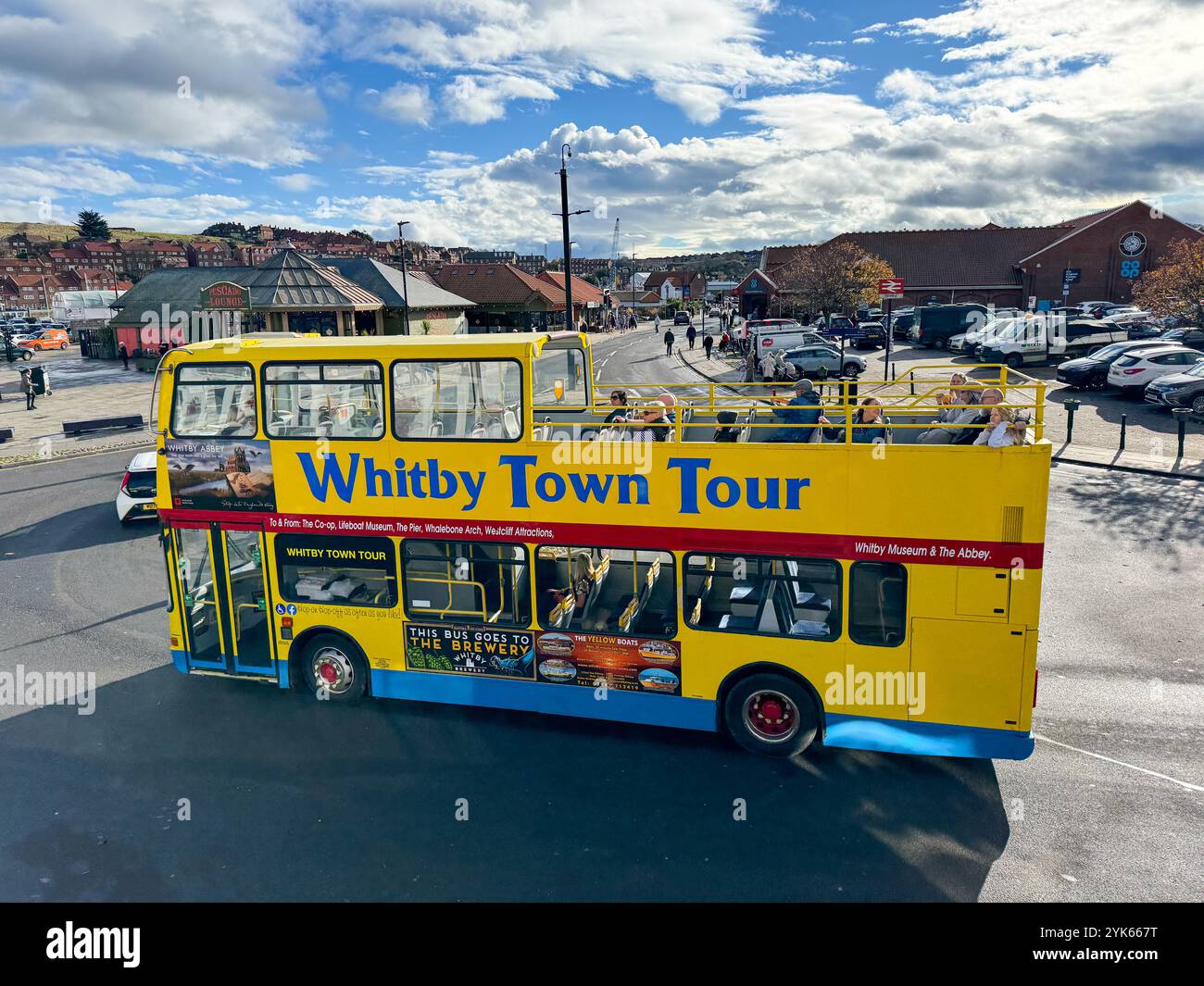 Whitby Town Tour open top bus sightseeing tour of Whitby Stock Photo ...