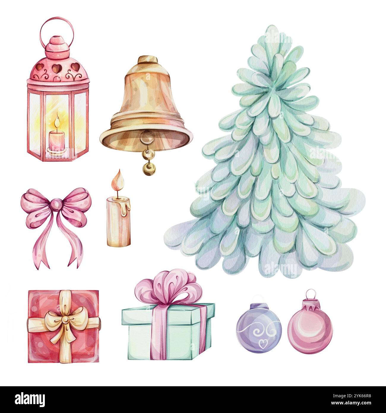 Watercolor Christmas clip art with brunch, tree, gifts, bell, balls ...