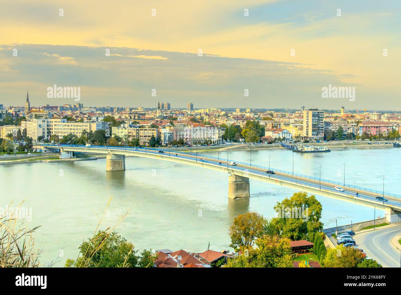 A panoramic city view of Novi Sad with its iconic bridge over the ...