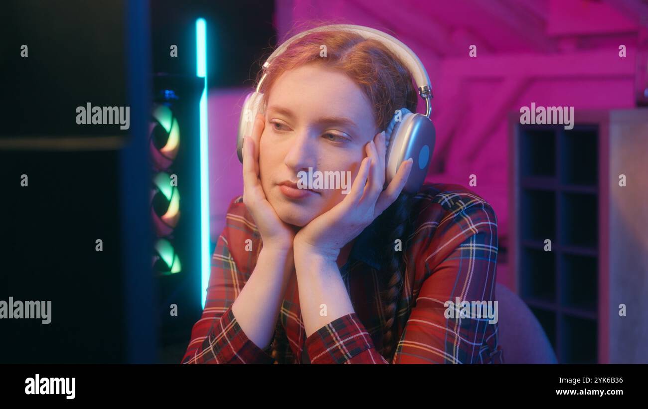 Tired exhausted girl Caucasian woman late online cyber gaming addict ...