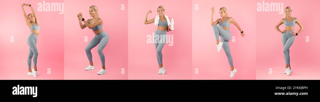 Fitness enthusiast demonstrating various workout poses against a pink ...