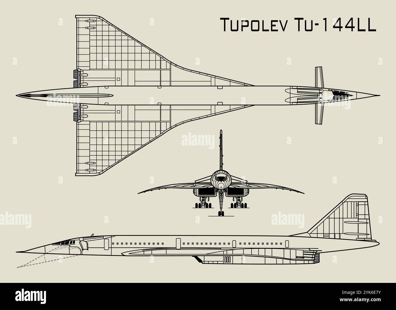 line drawing of a Tupolev Tu-144LL aircraft, showcasing three different ...
