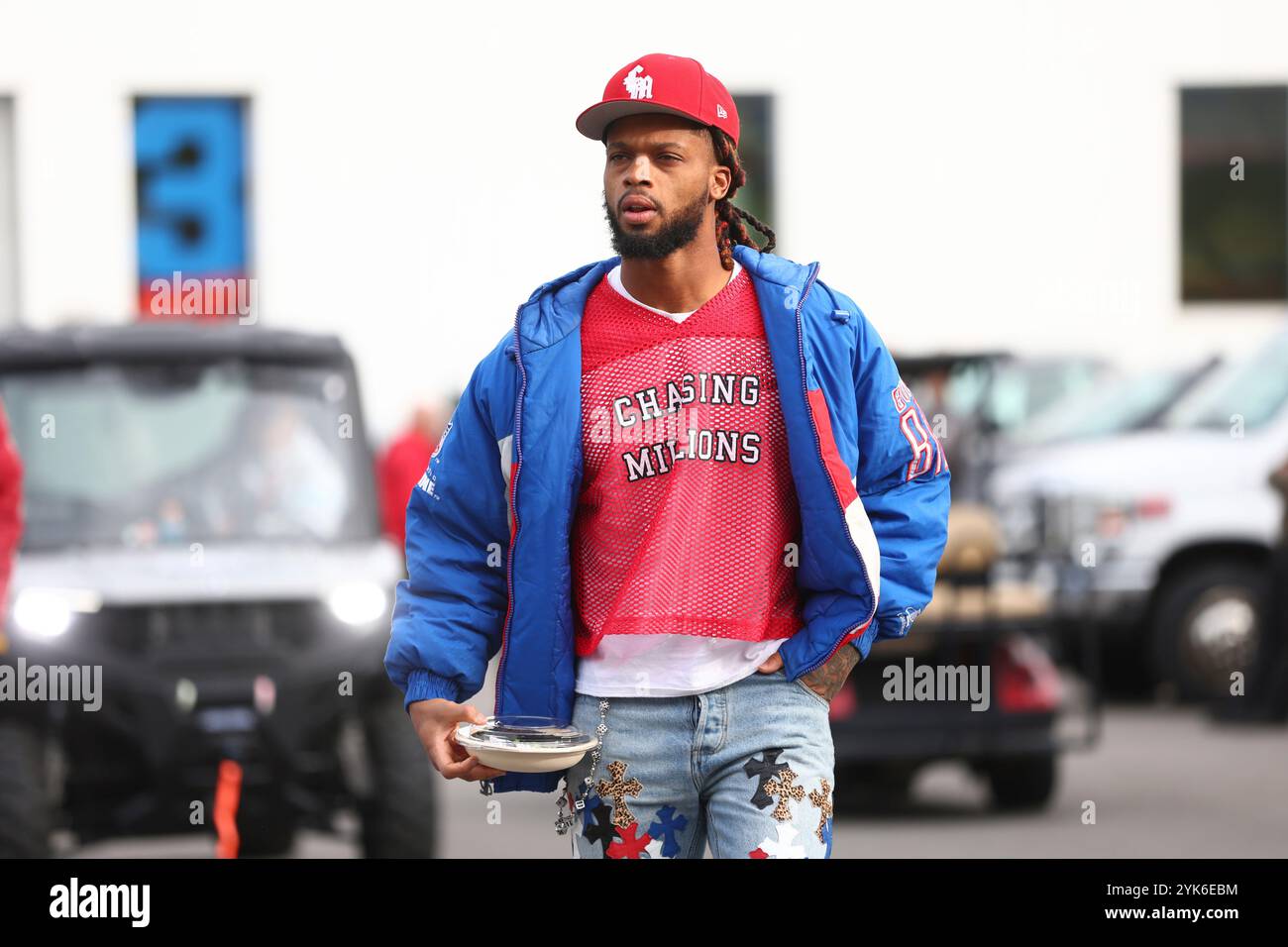 Buffalo Bills safety Damar Hamlin arrives before an NFL football game ...