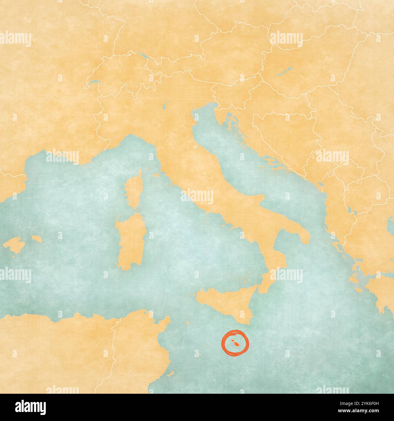 Malta on the map of Italian Peninsula in soft grunge and vintage style ...