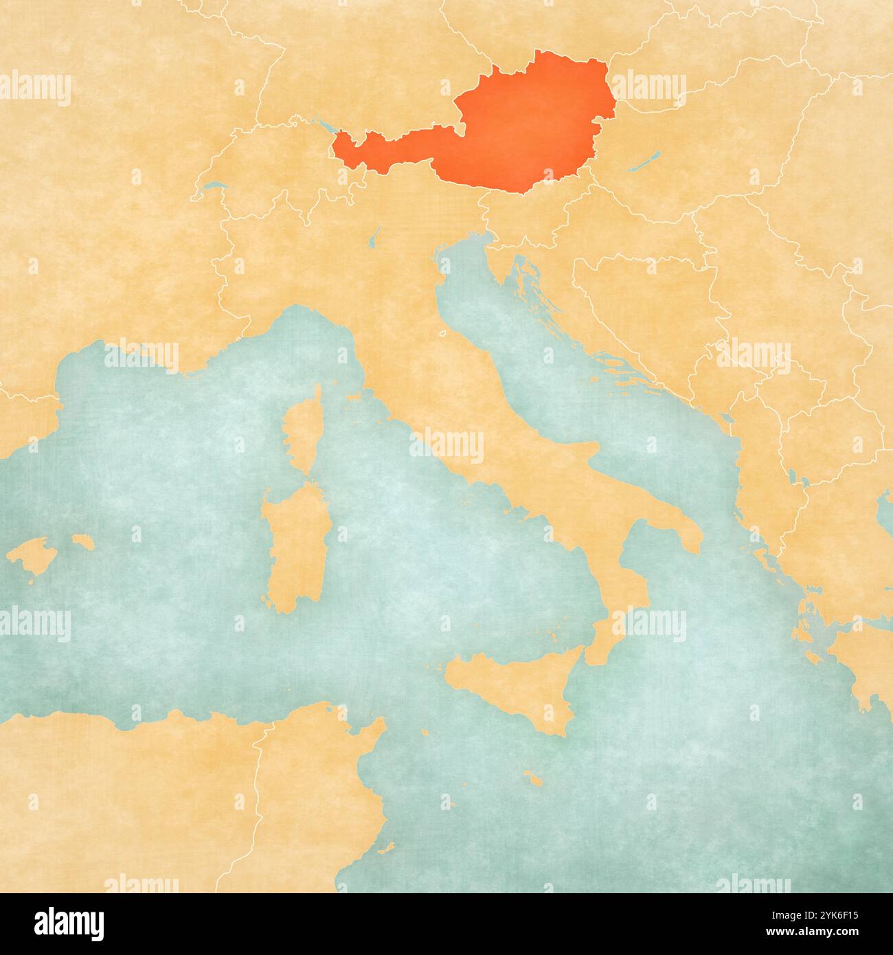 Austria on the map of Italian Peninsula in soft grunge and vintage ...