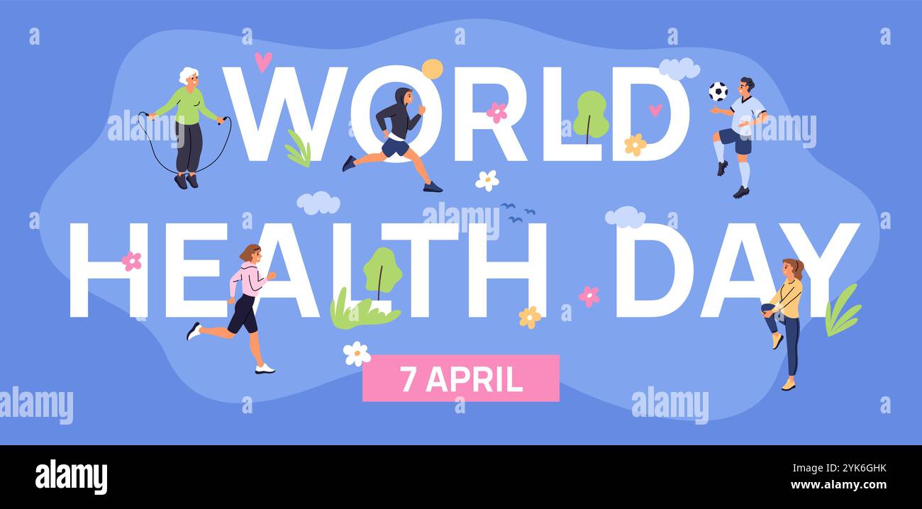 World health Day poster. Sporty active lifestyle. Happy healthy people ...