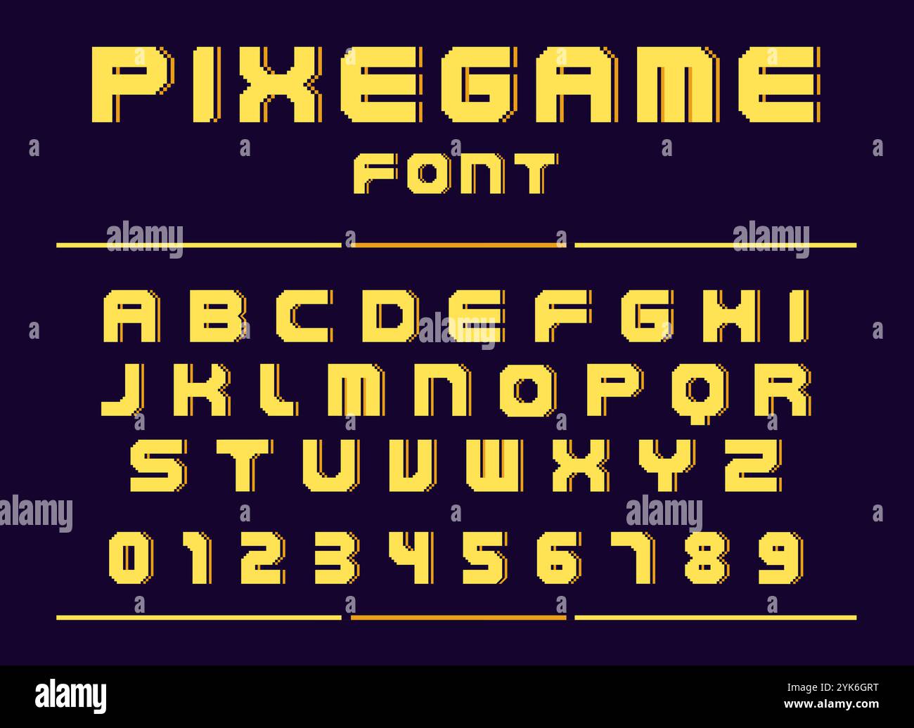 Pixel game font. Retro computer graphic style alphabet. 8 bit arcade play design letters and ...
