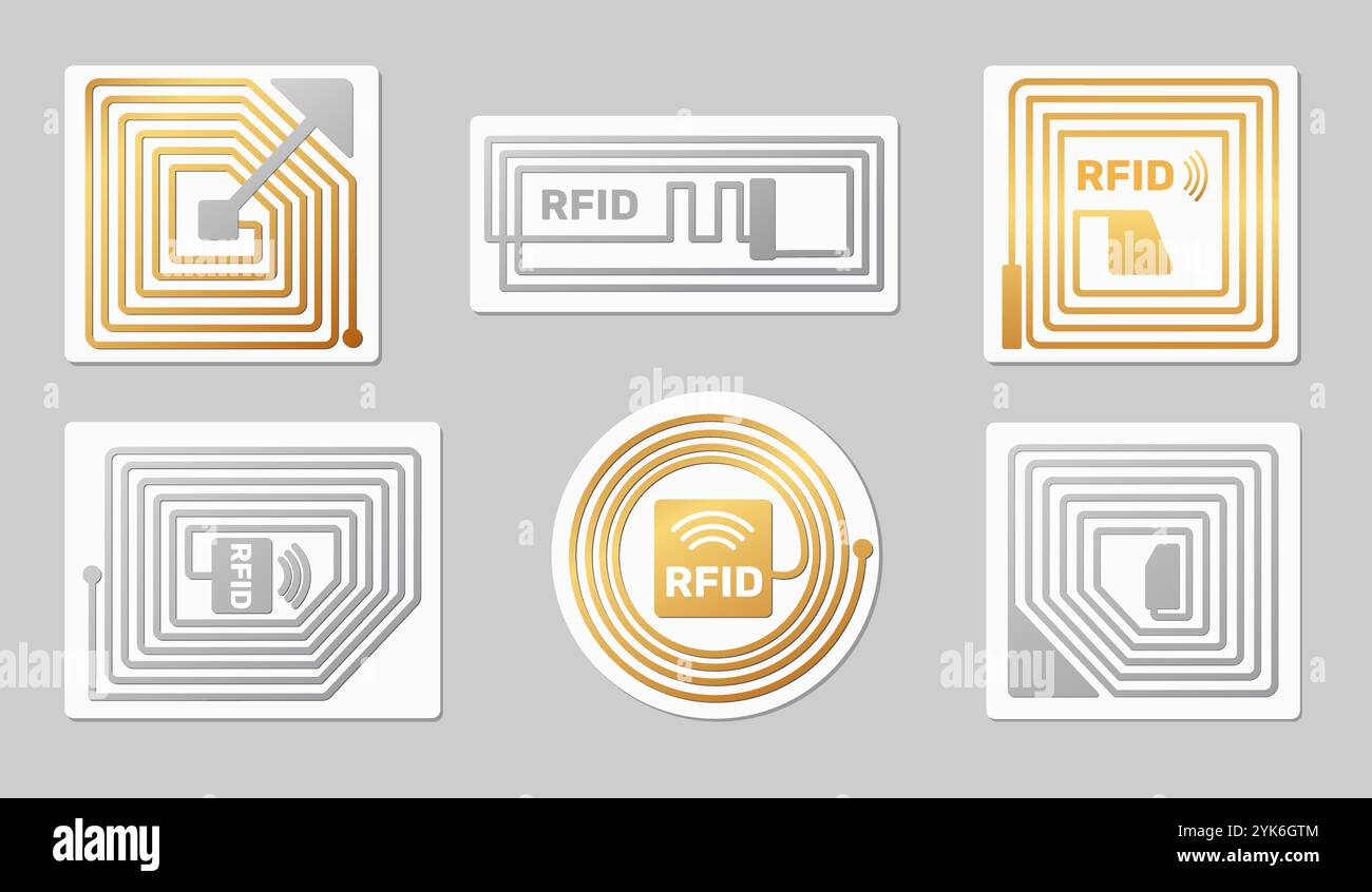 RFID tags. Golden and silver radio frequency identification stickers. Wireless technology ...