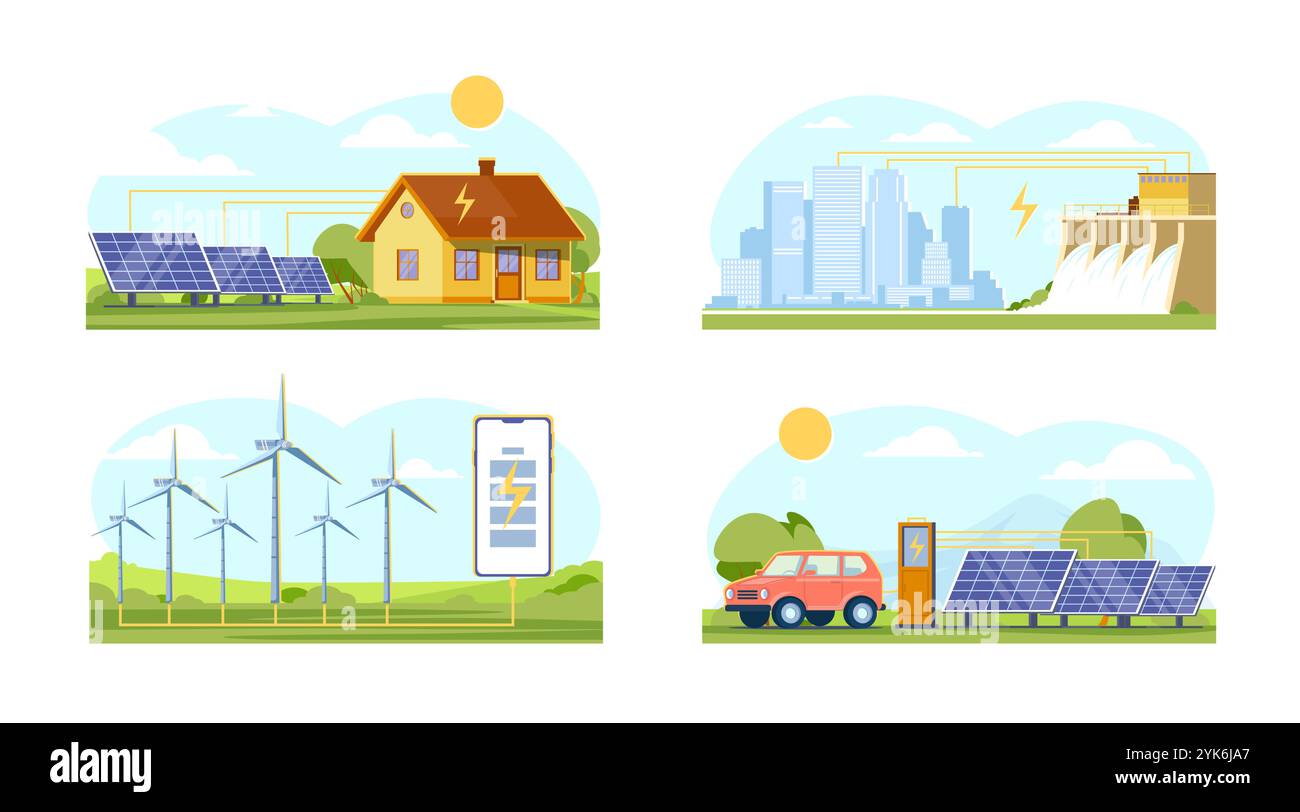 Alternative energy sources scenes. Generation of solar, wind, water ...