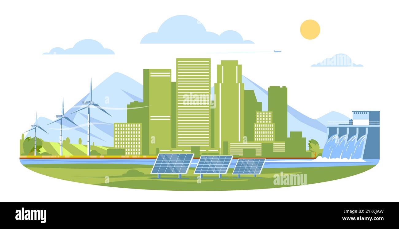 Alternative energy city. Eco friendly urban complex. Solar panel. Wind ...