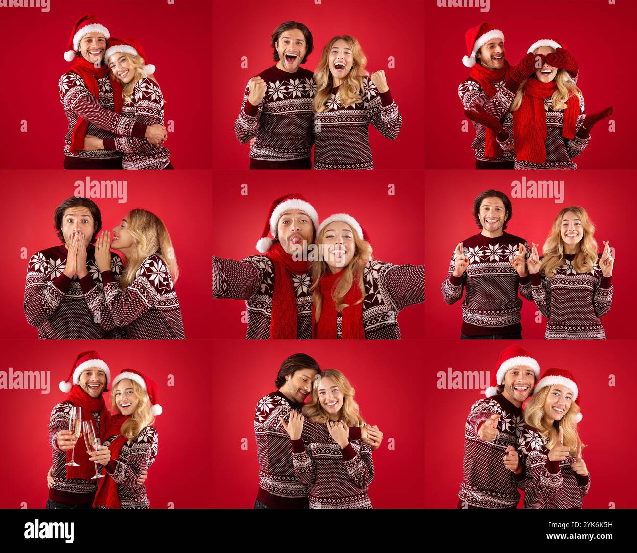 Festive couple celebrates Christmas with joyful poses and red ...