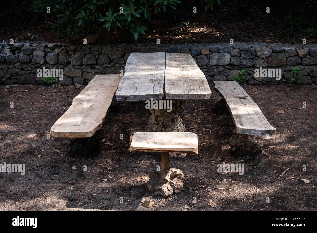 wooden table and bench in forest. Picnic spot on hiking trail Stock ...