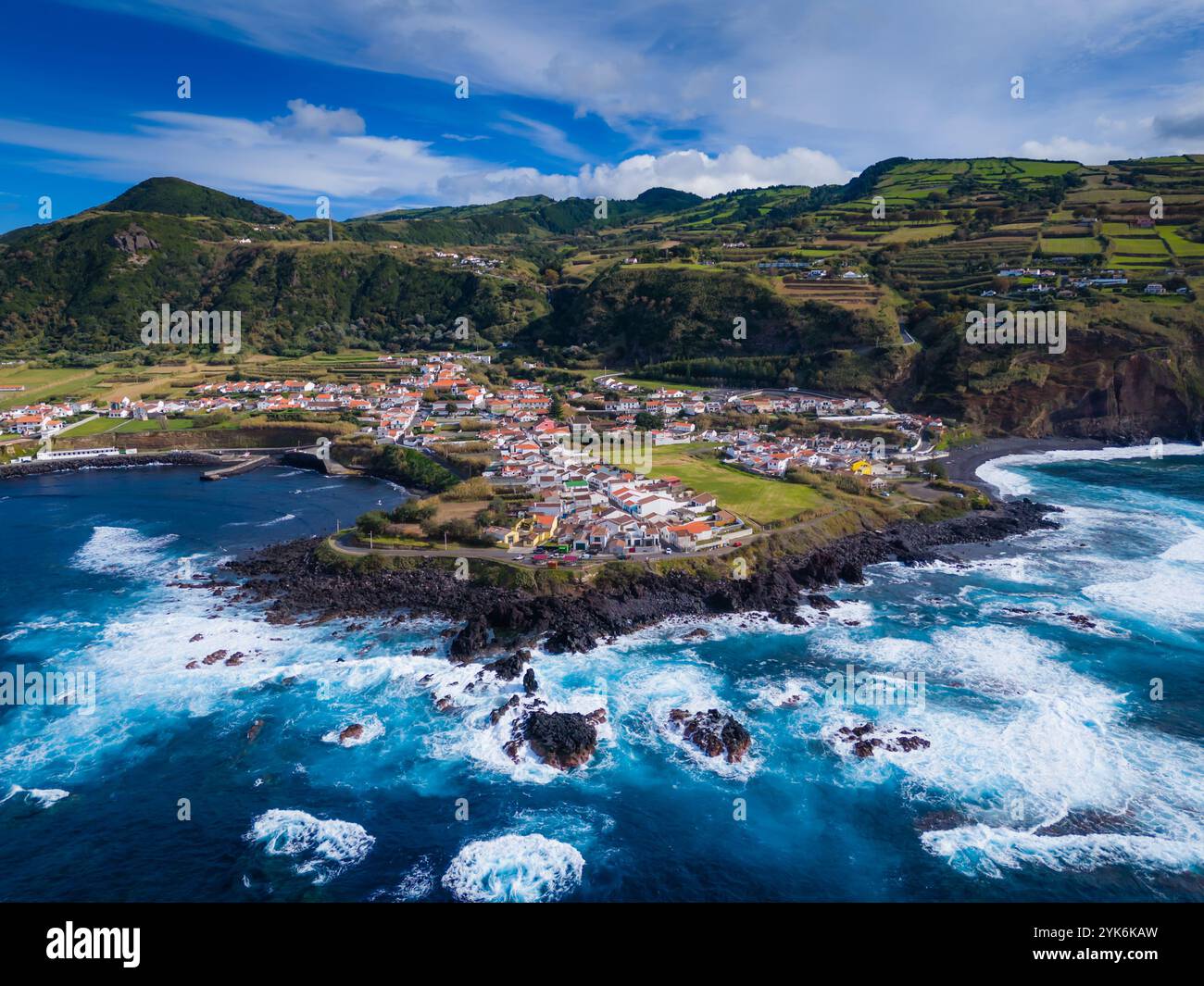 Mosteiros town. Aerial drone view of village at Sao Miguel island ...