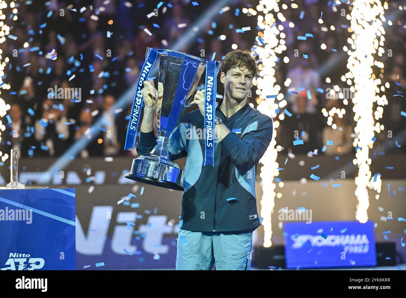 Turin,Italy - November 17: Jannik Sinner of Italy lifts the Nitto ATP Finals trophy after ...