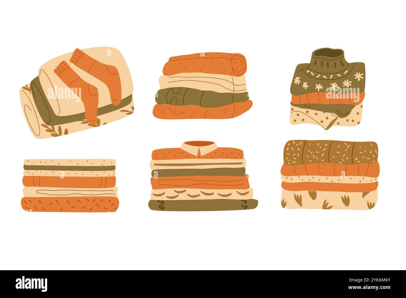 Laundry pile set. Stack of washed clothes and home textile. Sweaters ...