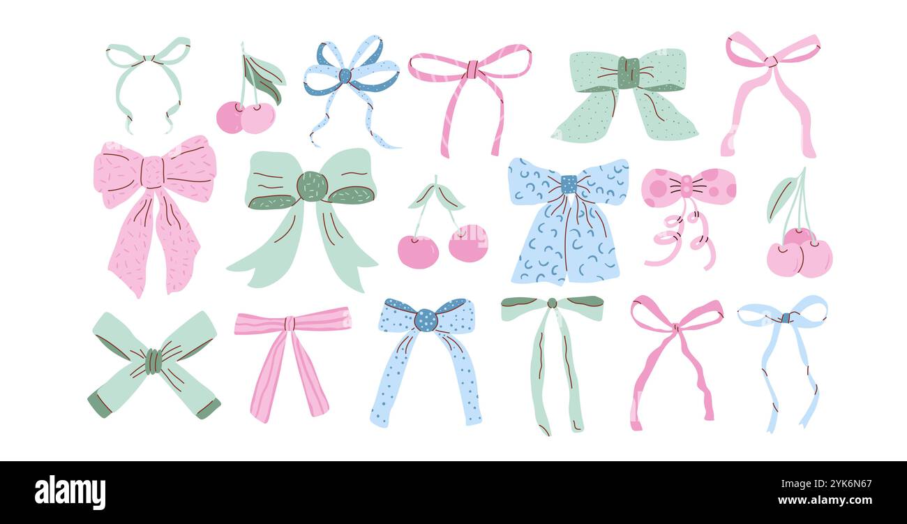 Bow coquette set. Pastel green, blue and pink cherries and bowknots ...