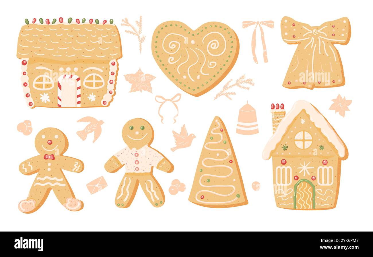 Christmas cookies set. Bow, Christmas tree and gingerbread man with ...
