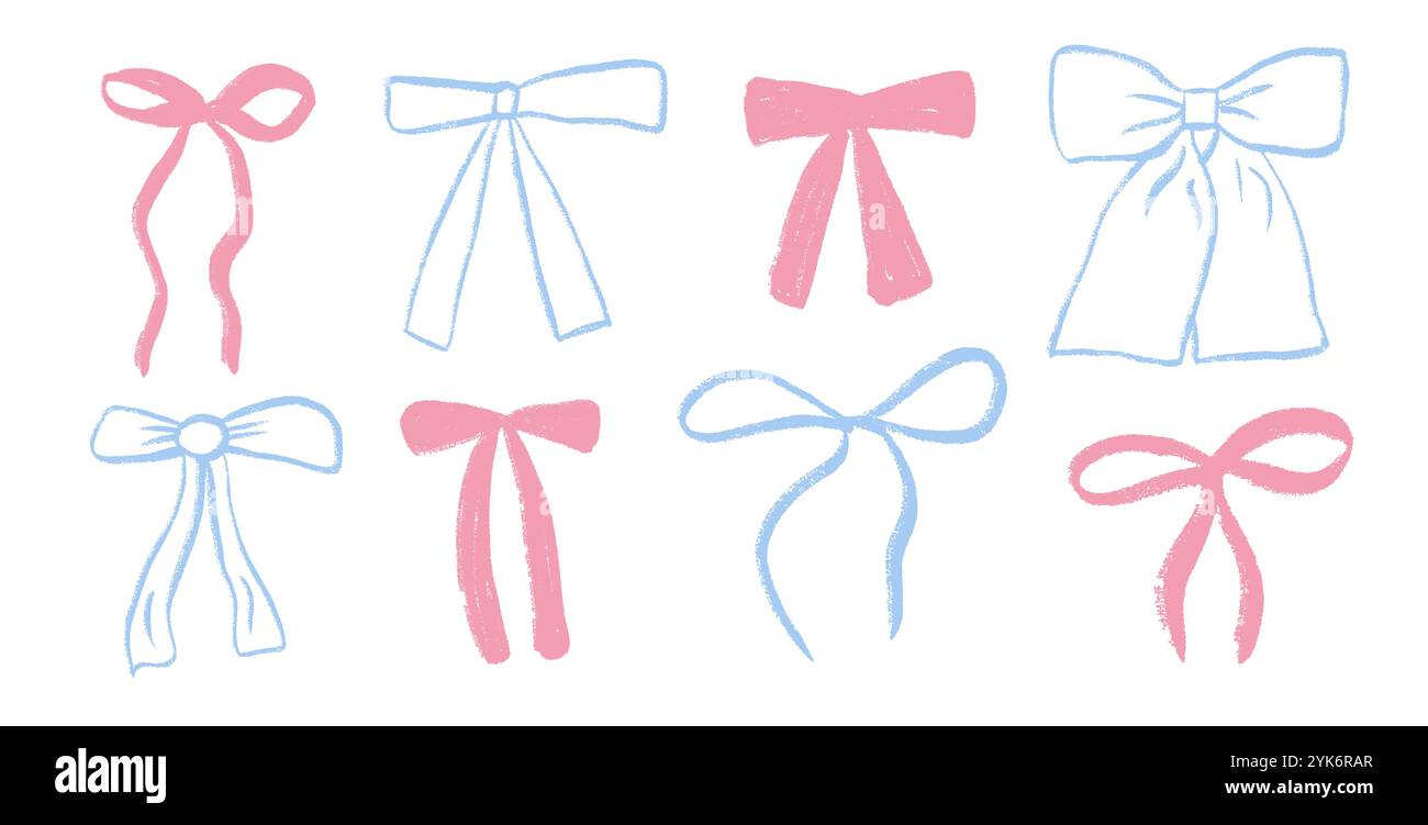 Crayon bow. Coquette ribbons collection for gift decoration. Blue and ...