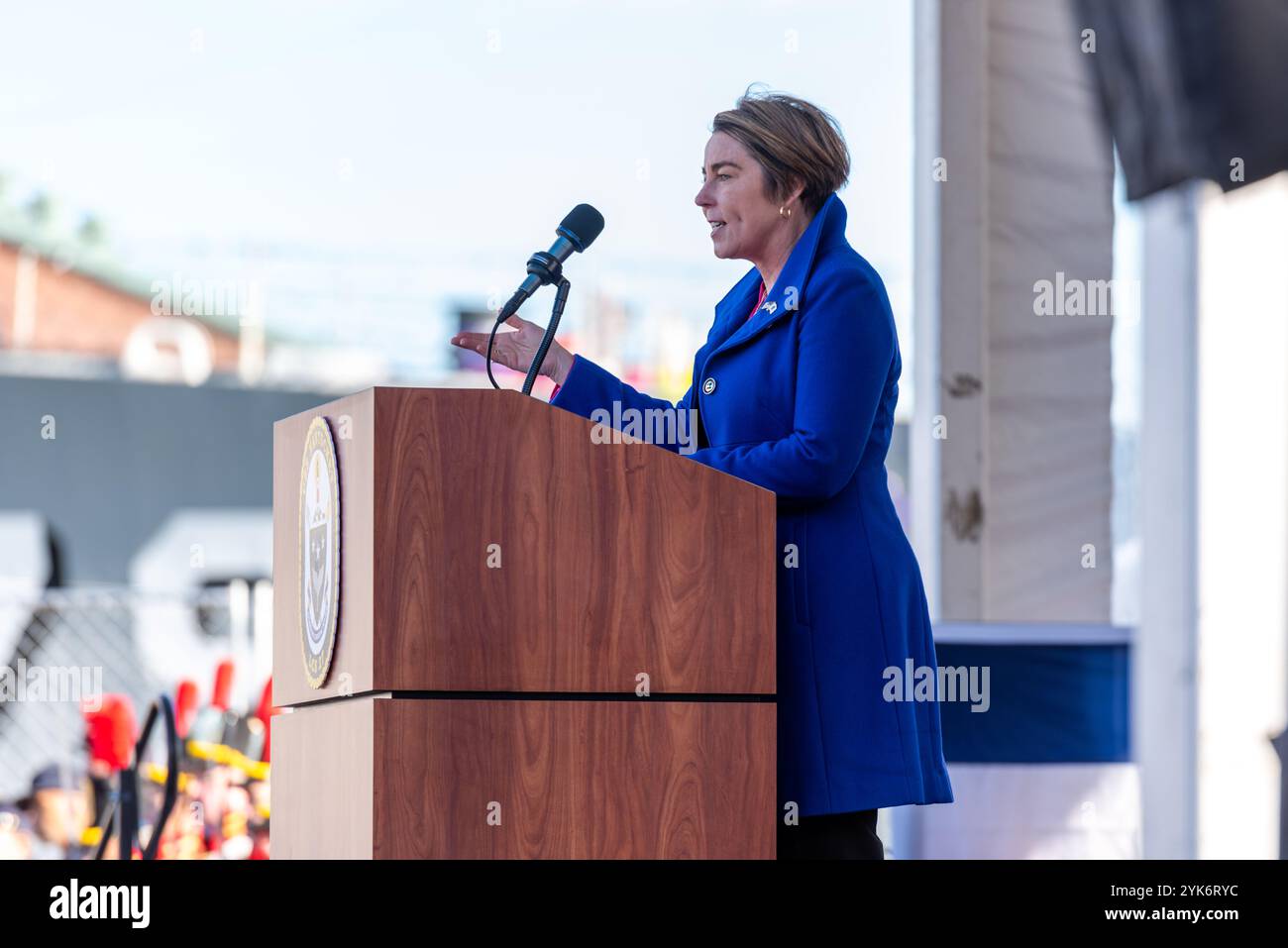Governor Maura Healey speaking at the podium during the commissioning ...