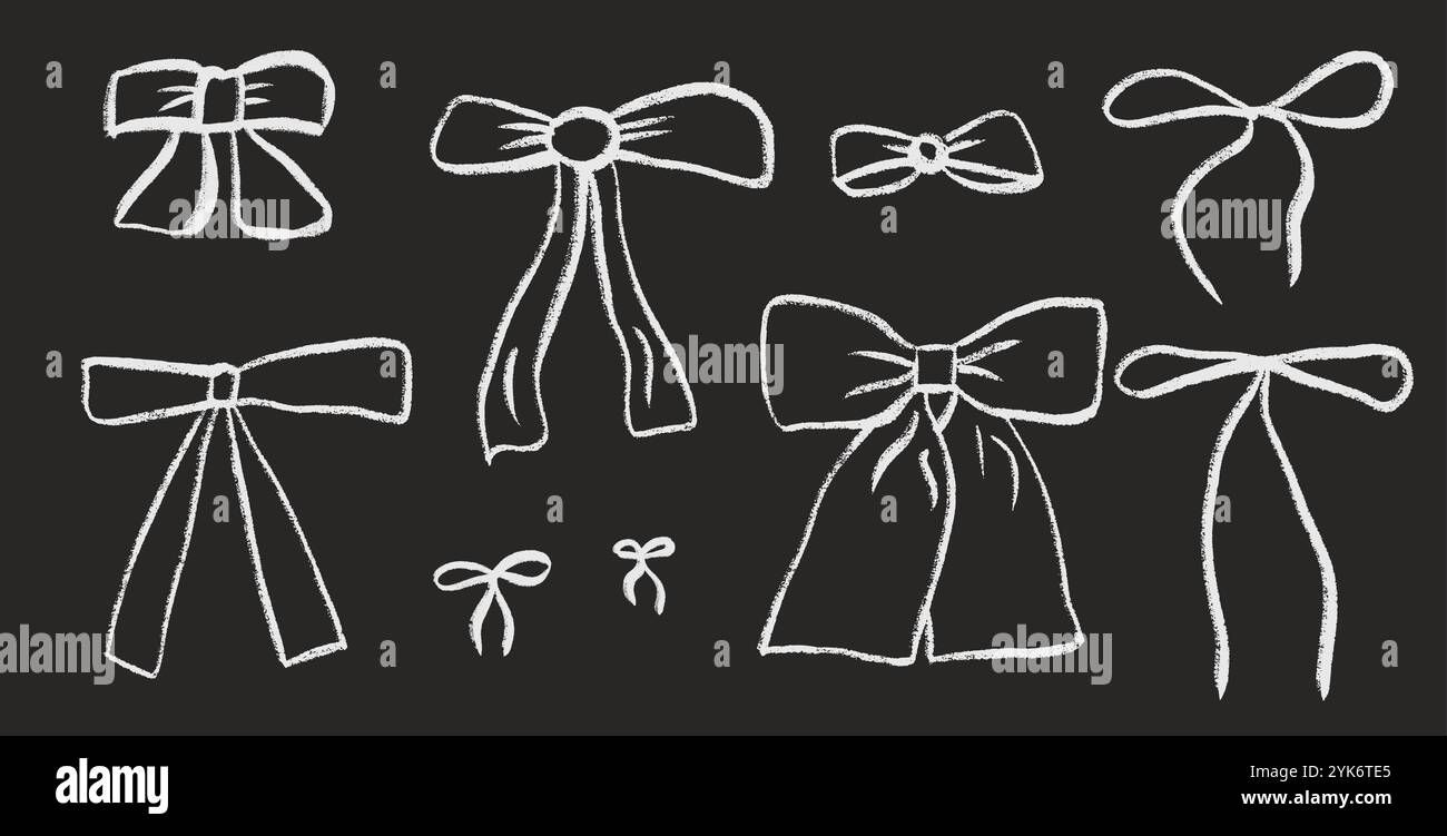White crayon bows. Coquette ribbons set in doodle style. Chalk drawing bowknots isolated on dark ...