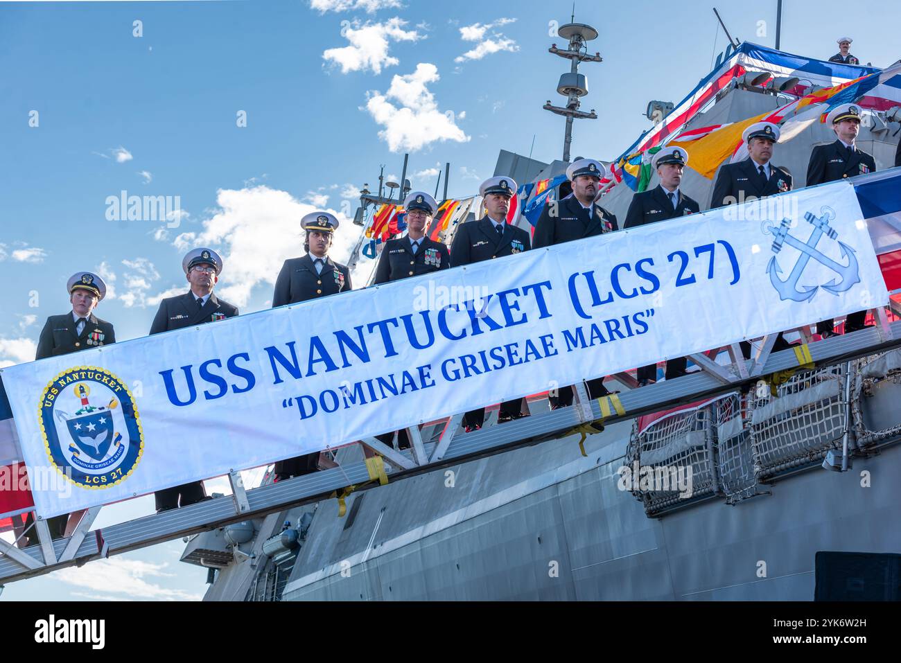 The crew of the USS Nantucket (LCS 27) stands in formation on the ...