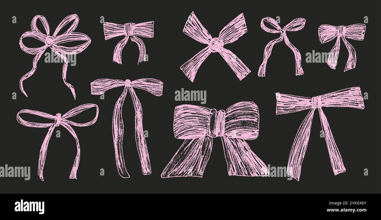 Crayon coquette bows. Chalk drawing ribbons set. Vector illustration ...