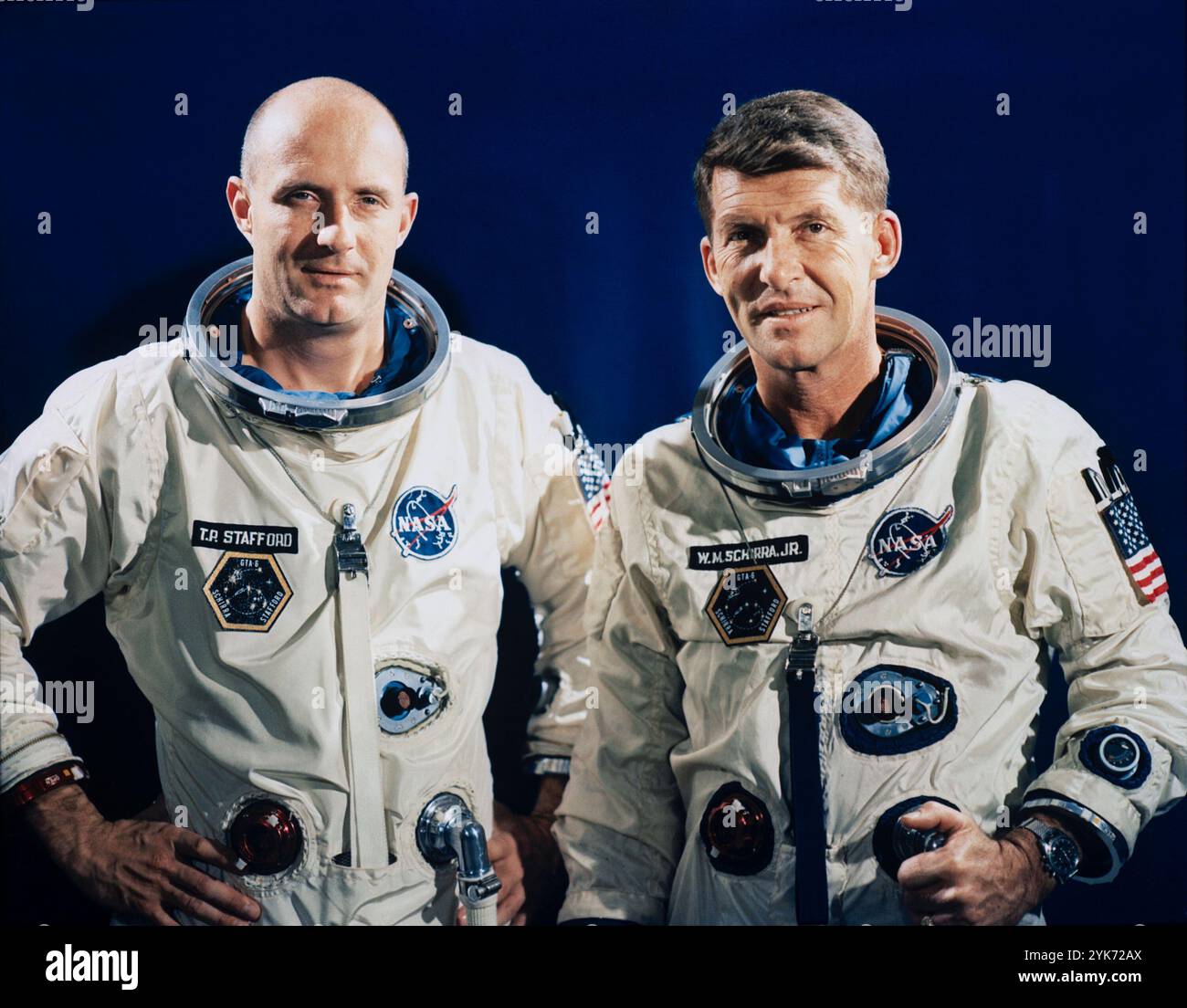 Gemini VI astronauts Thomas P. Stafford (left), pilot, and Walter M ...