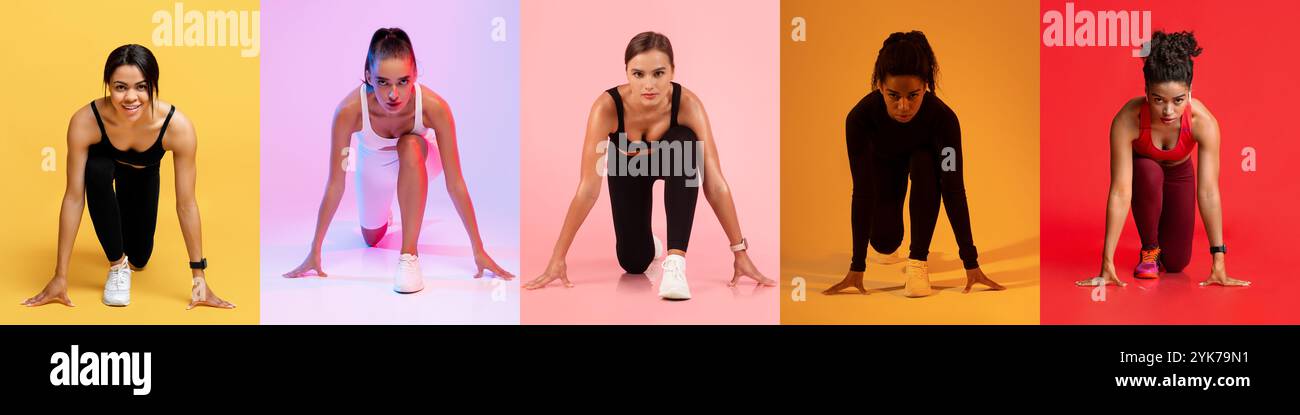 Five women in athletic poses against colorful backgrounds preparing to ...