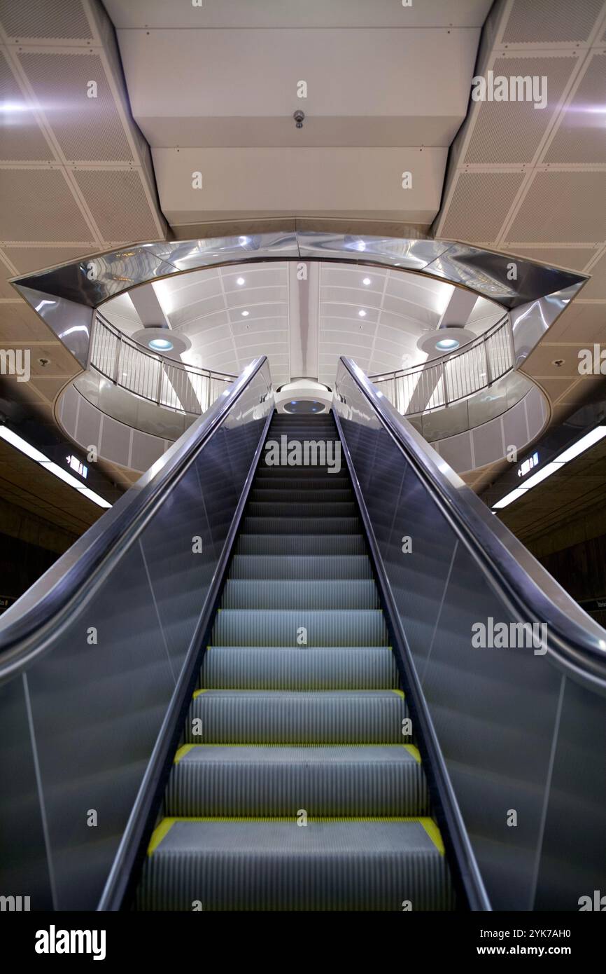 Clean modern metal up escalator in the metro system of Los Angeles ...