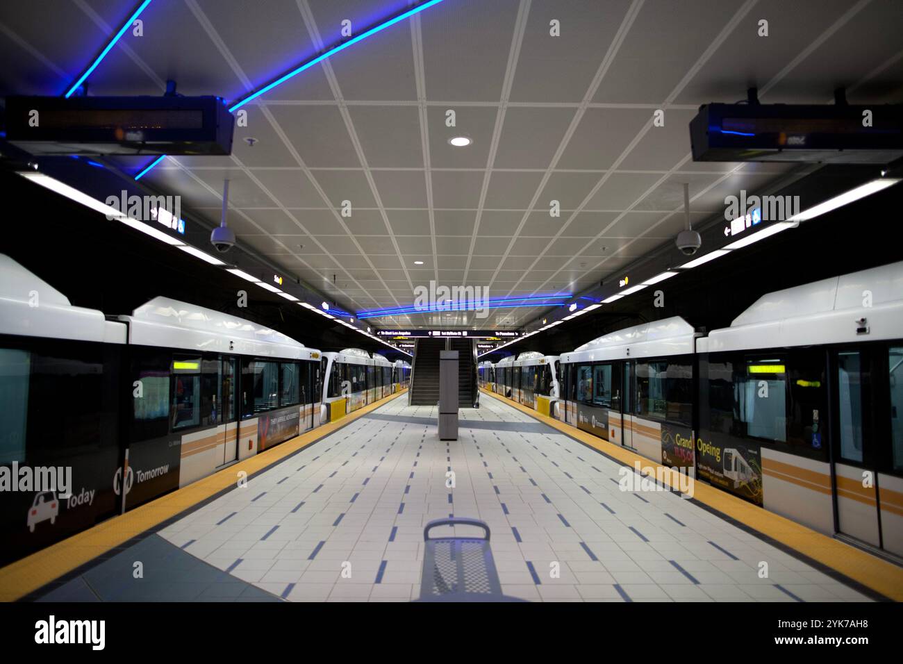 Two light rail L.A. Metro trains in the empty Mariachi Plaza subway ...