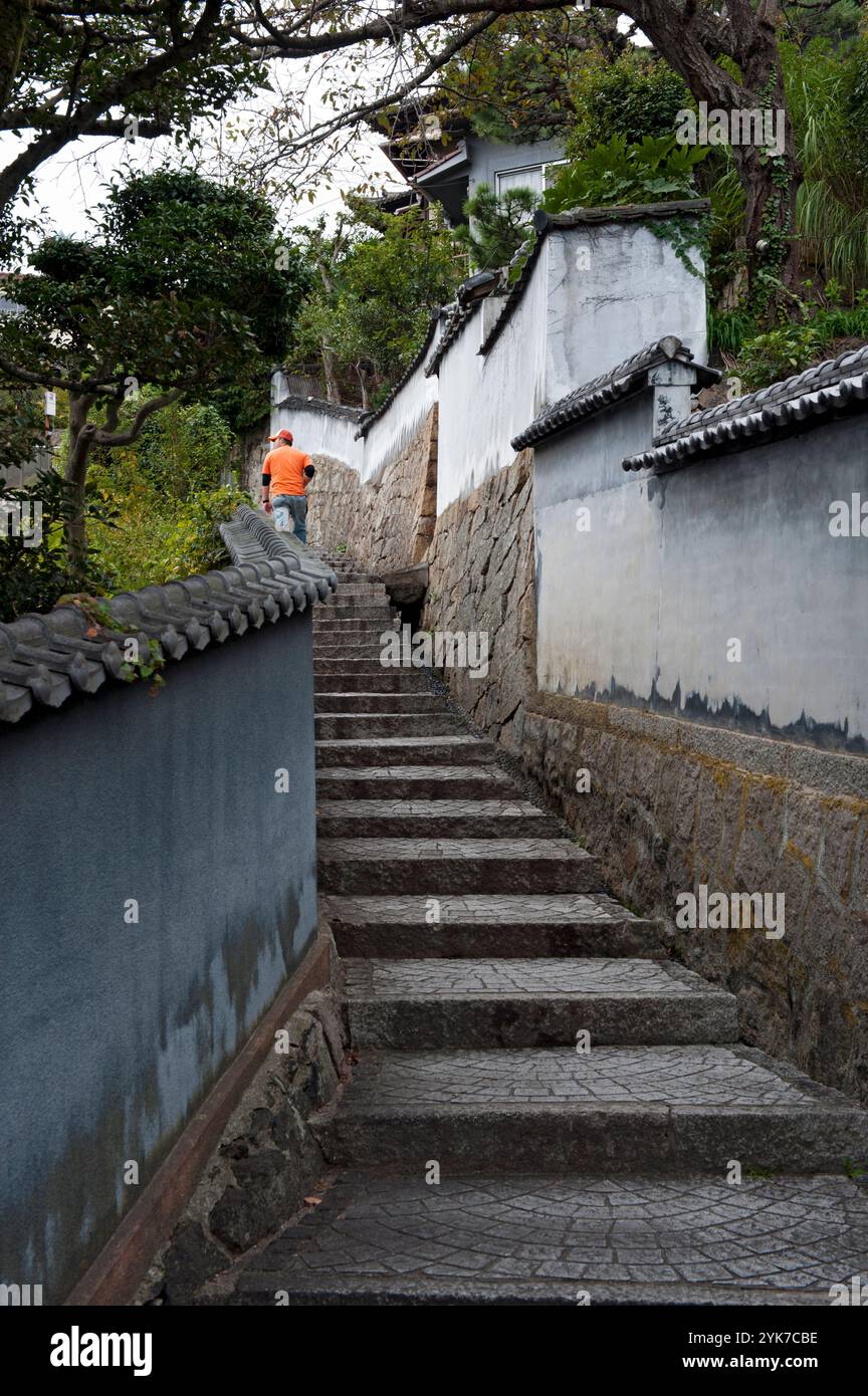 Visitors navigating the sloping stepped terrain along the hillside of ...