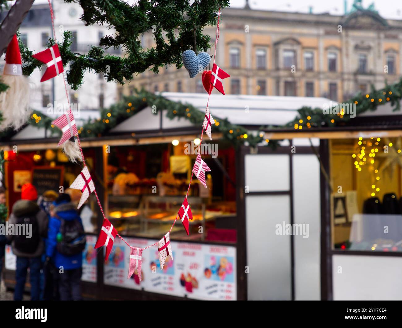 Danish small flags hanging from as ornament in a Christmas market stall ...