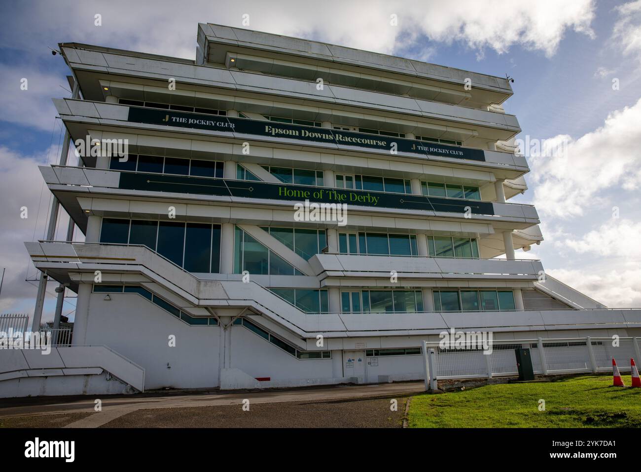 A side view of the Queens Stand at Epsom Racecourse. Horse racing has ...