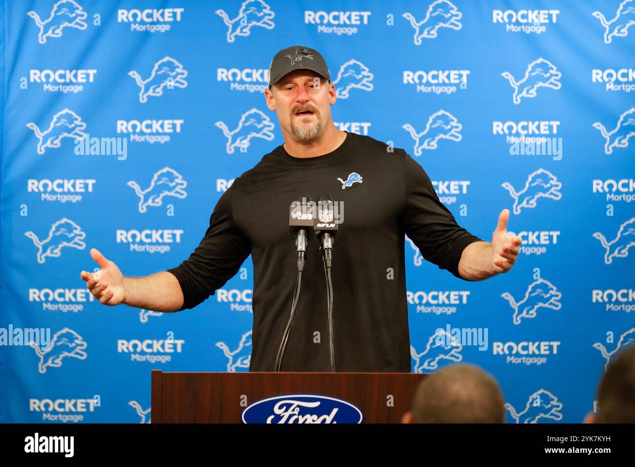 Detroit Lions head coach Dan Campbell talks to the media after an NFL ...