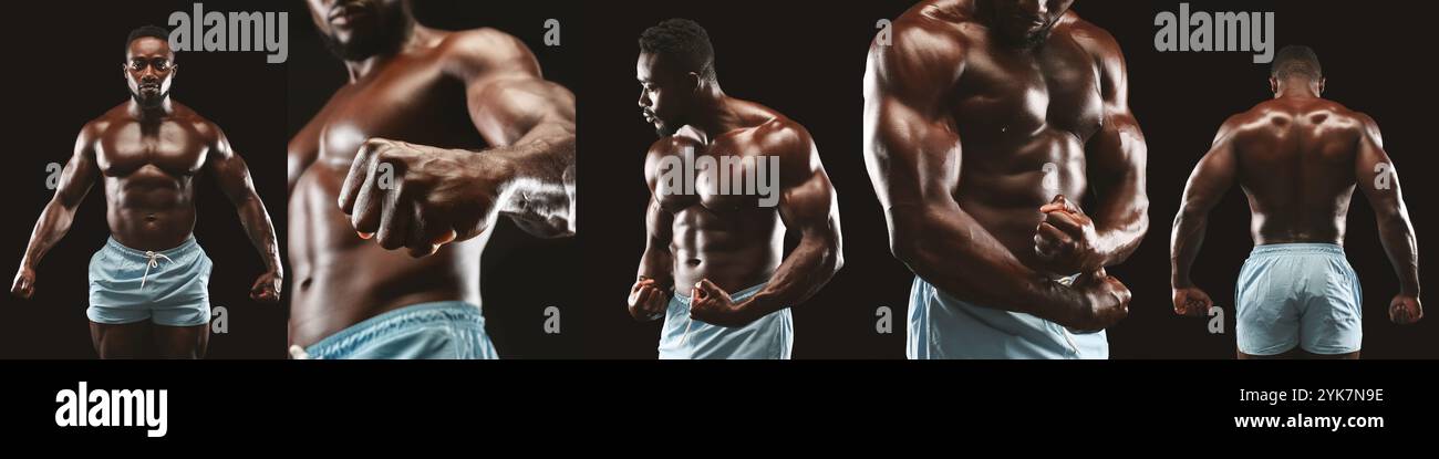 Muscular athlete showcasing physique in dramatic poses under studio ...
