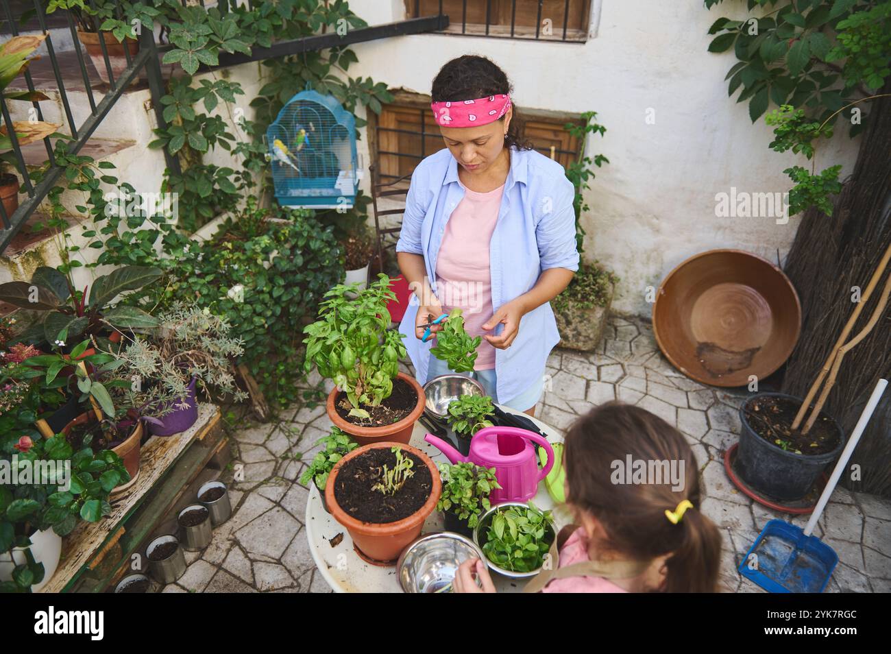 A mother and daughter engage in gardening, tending to herbs in a ...