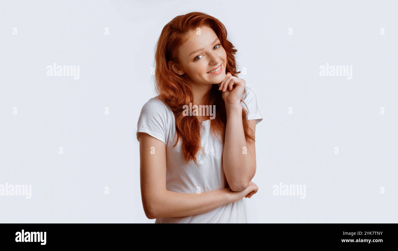 Cute Red-Haired Teen Girl Posing Smiling To Camera, White Background ...