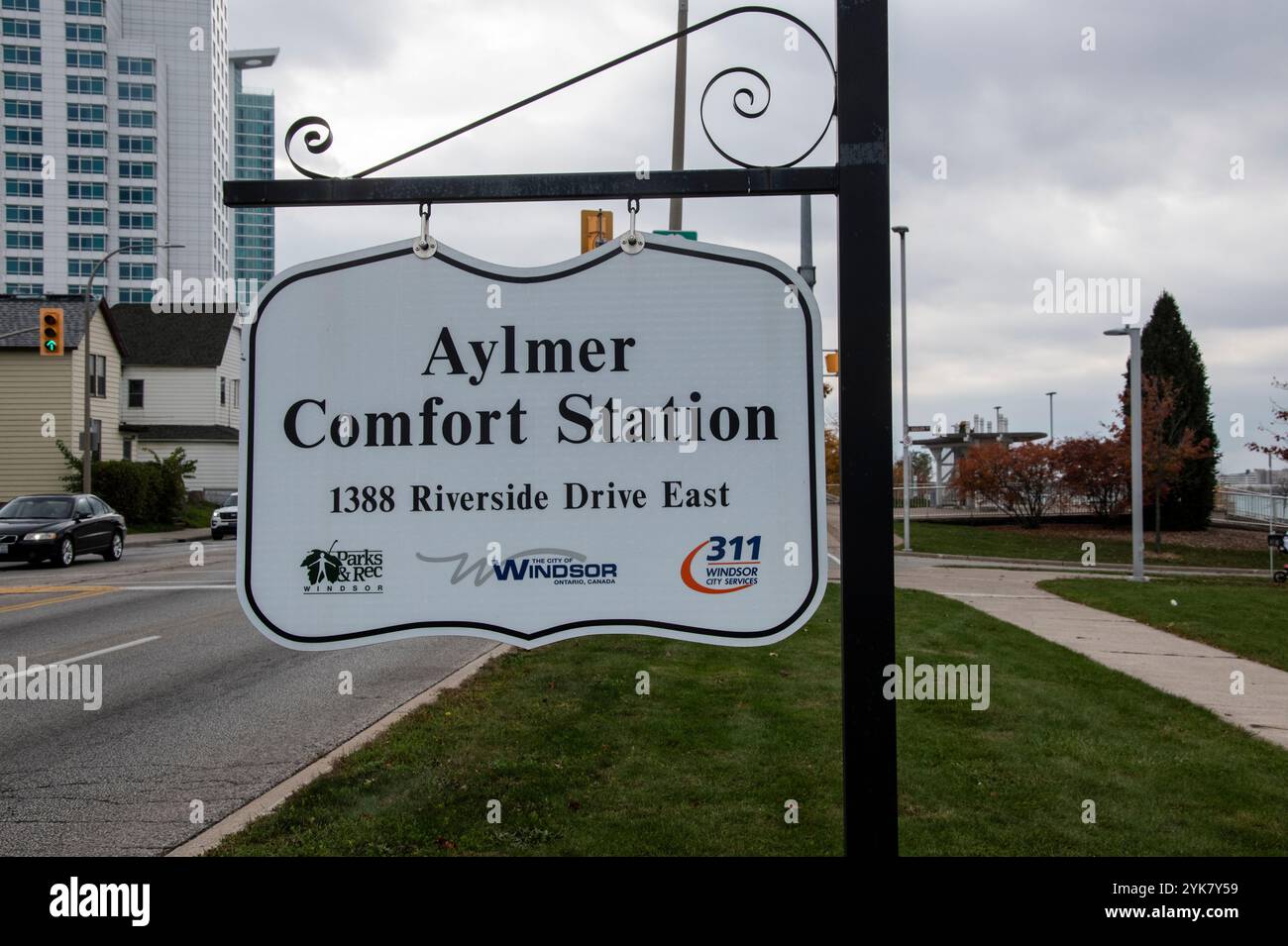 Aylmer Comfort Station sign at Windsor Sculpture Garden park in Windsor ...