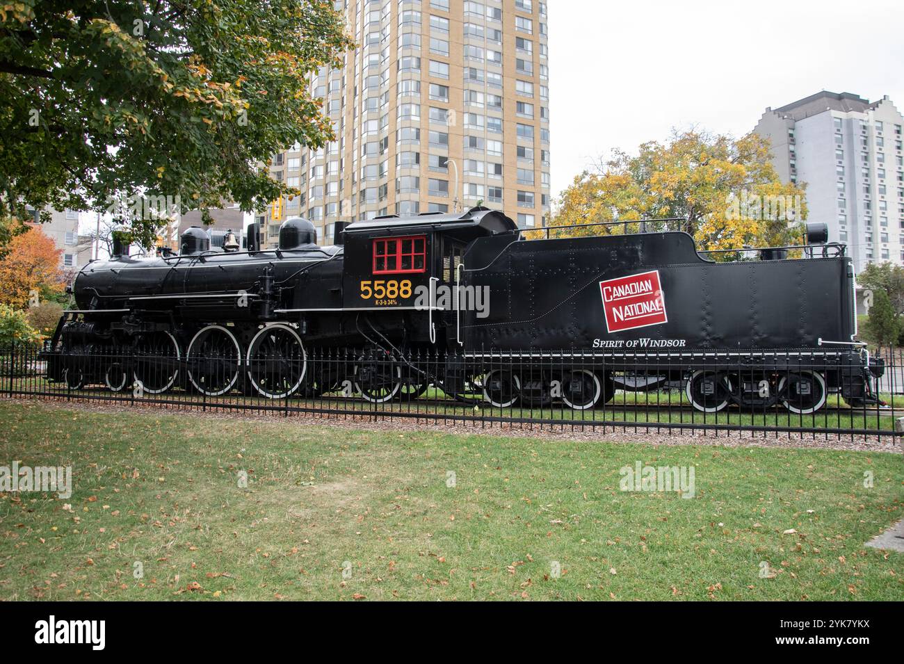CN train at Rotary Centennial Plaza at Windsor Sculpture Garden park in ...
