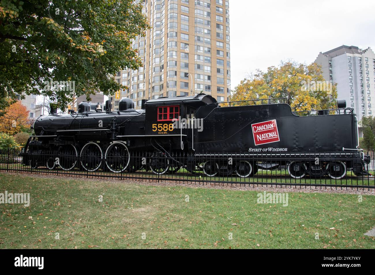 CN train at Rotary Centennial Plaza at Windsor Sculpture Garden park in ...