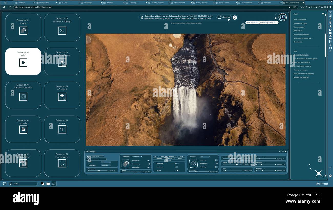 Generative model software producing AI generated video of waterfall ...