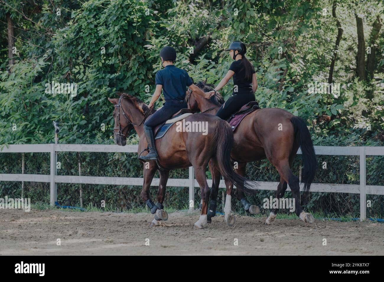 Two people horse riding in a fenced outdoor training area Stock Photo ...
