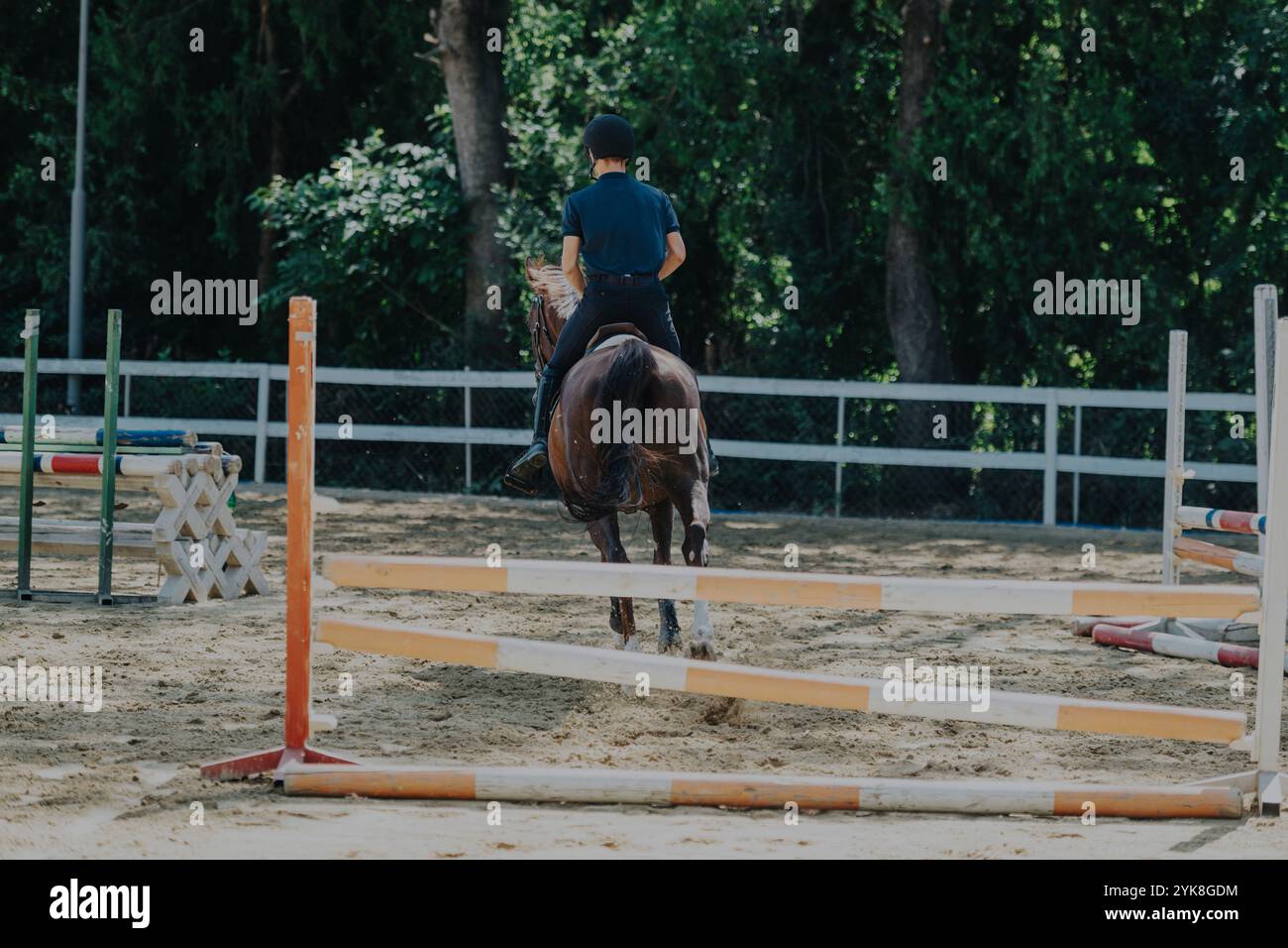 Equestrian rider practicing in an outdoor jumping arena Stock Photo - Alamy