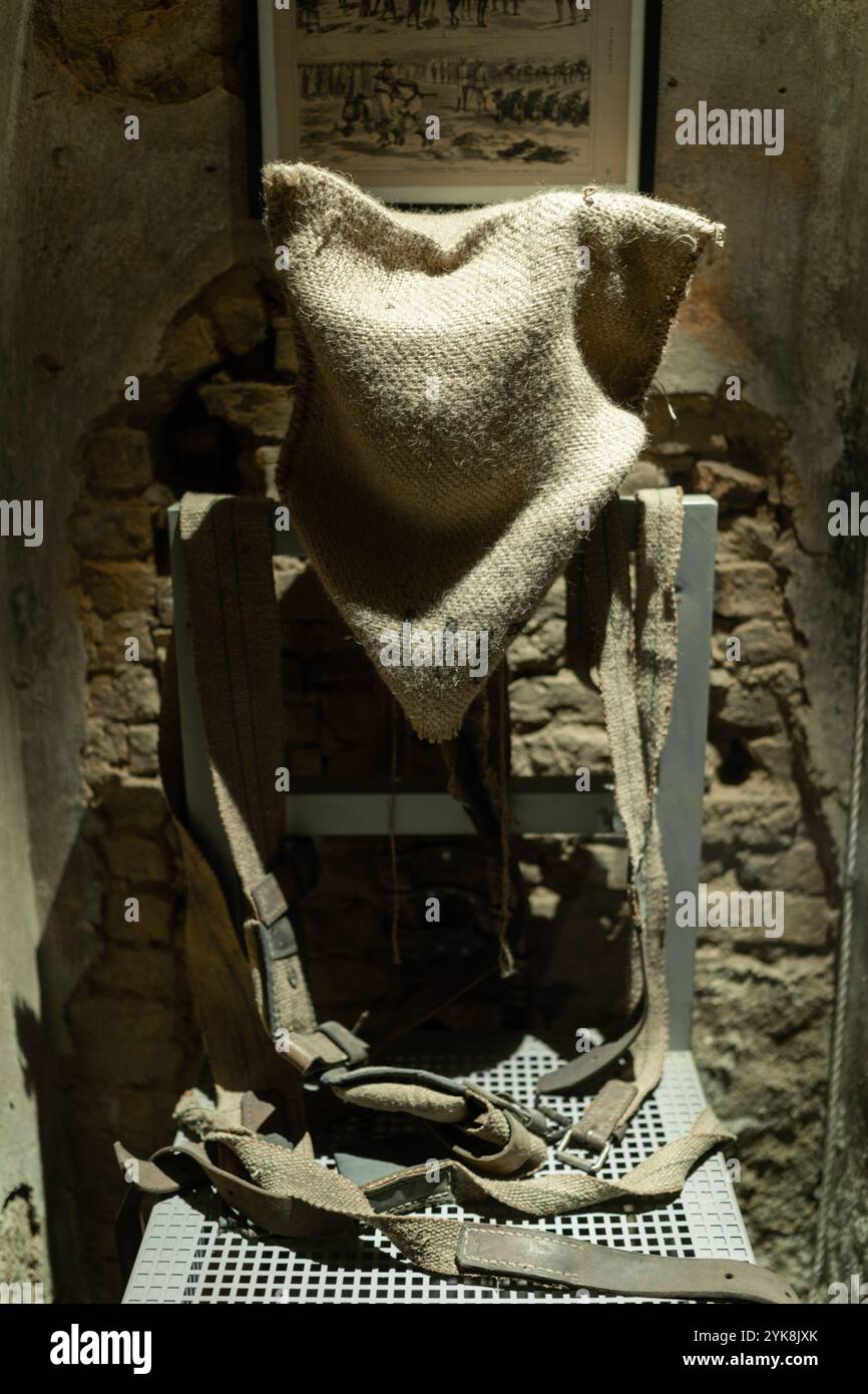 San Gimignano, Italy - 01.05.2021: burlap hood and restraint system ...