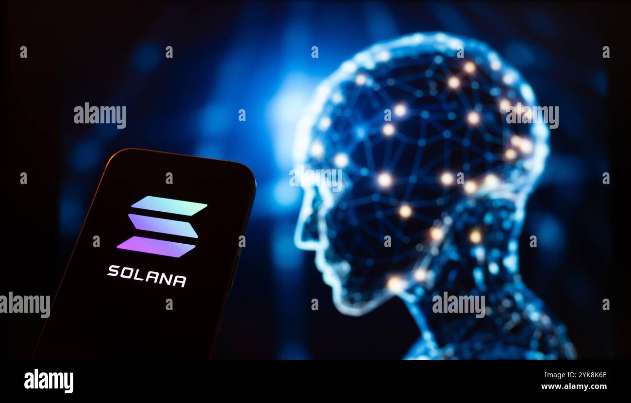 The Solana cryptocurrency logo is seen in this illustration photo taken ...