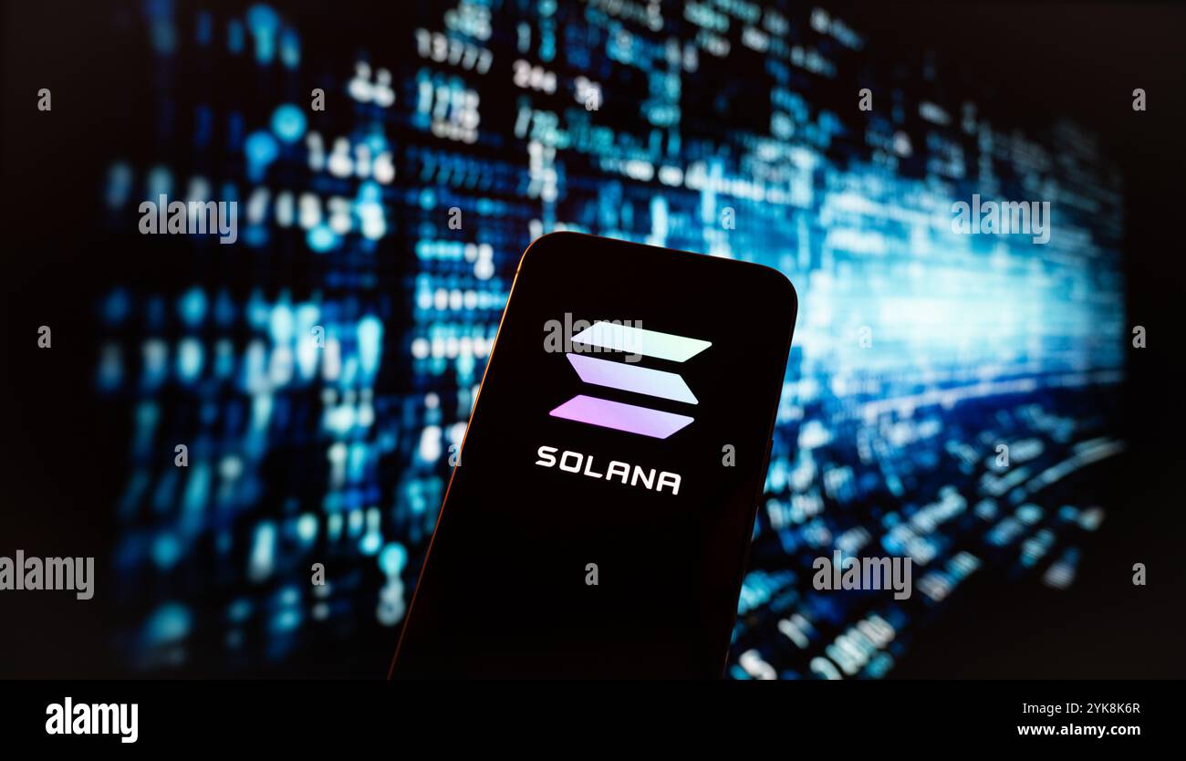 The Solana cryptocurrency logo is seen in this illustration photo taken ...