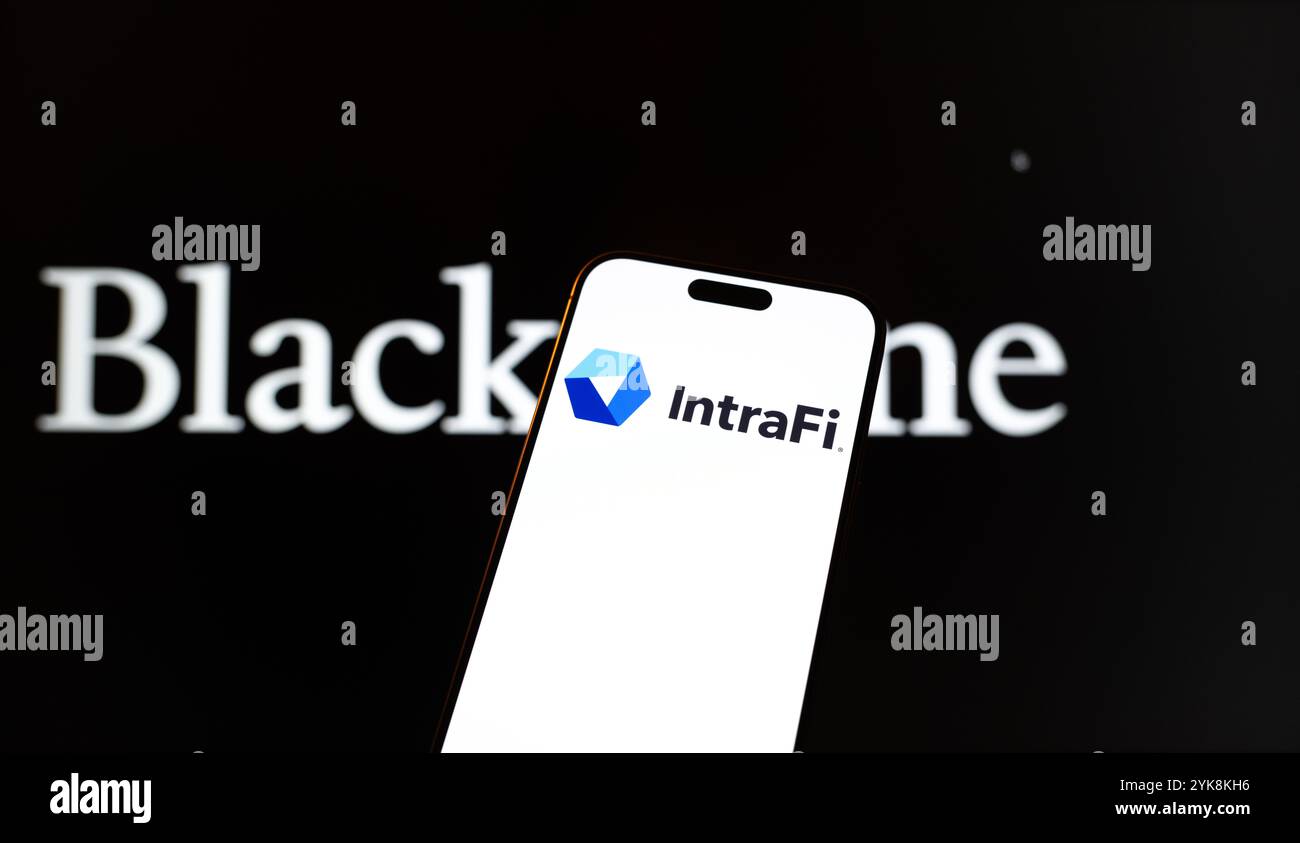 The Blackstone and IntraFi logos are seen in this illustration photo ...