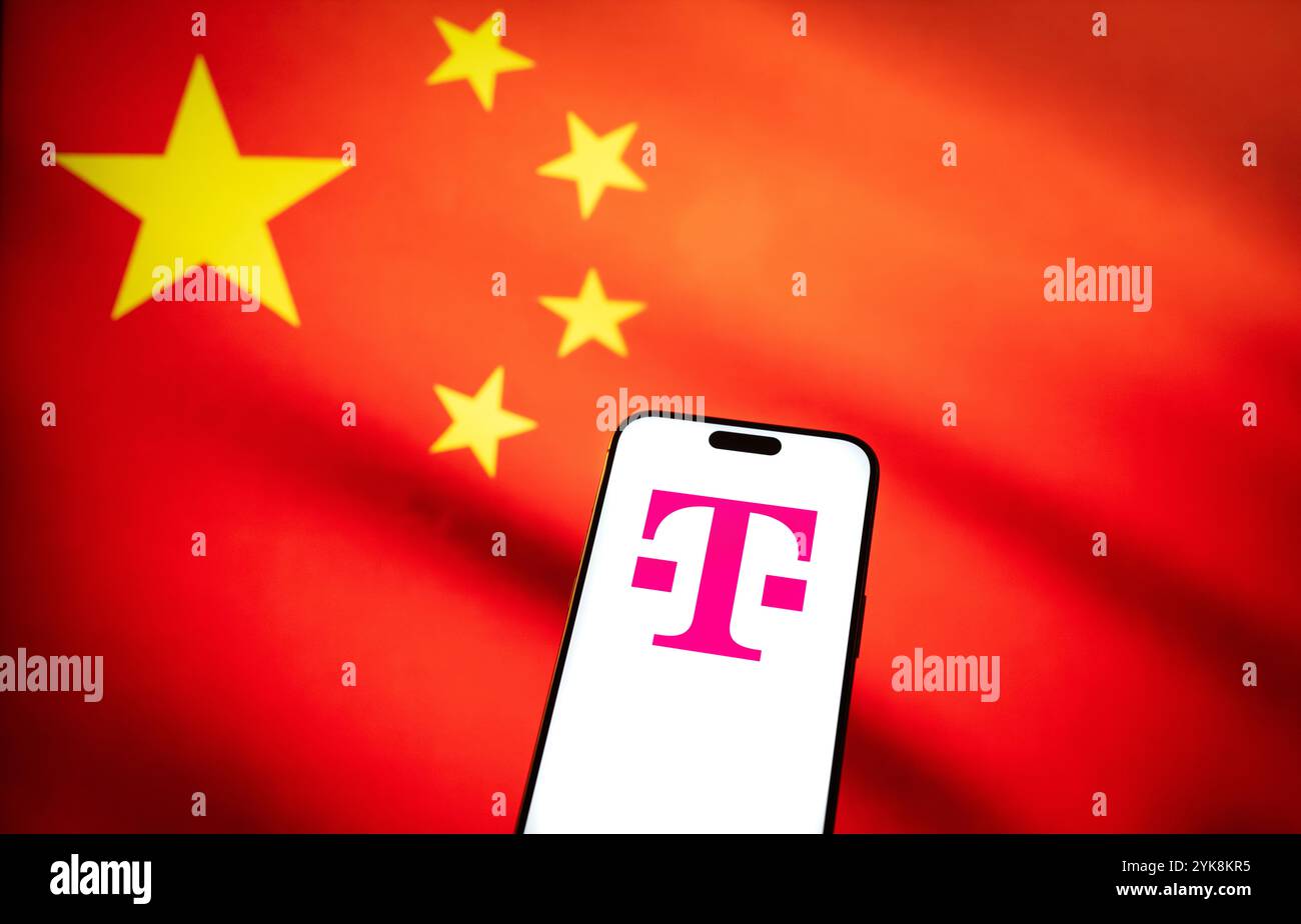 The T-Mobile logo and a Chinese flag are seen in this illustration ...