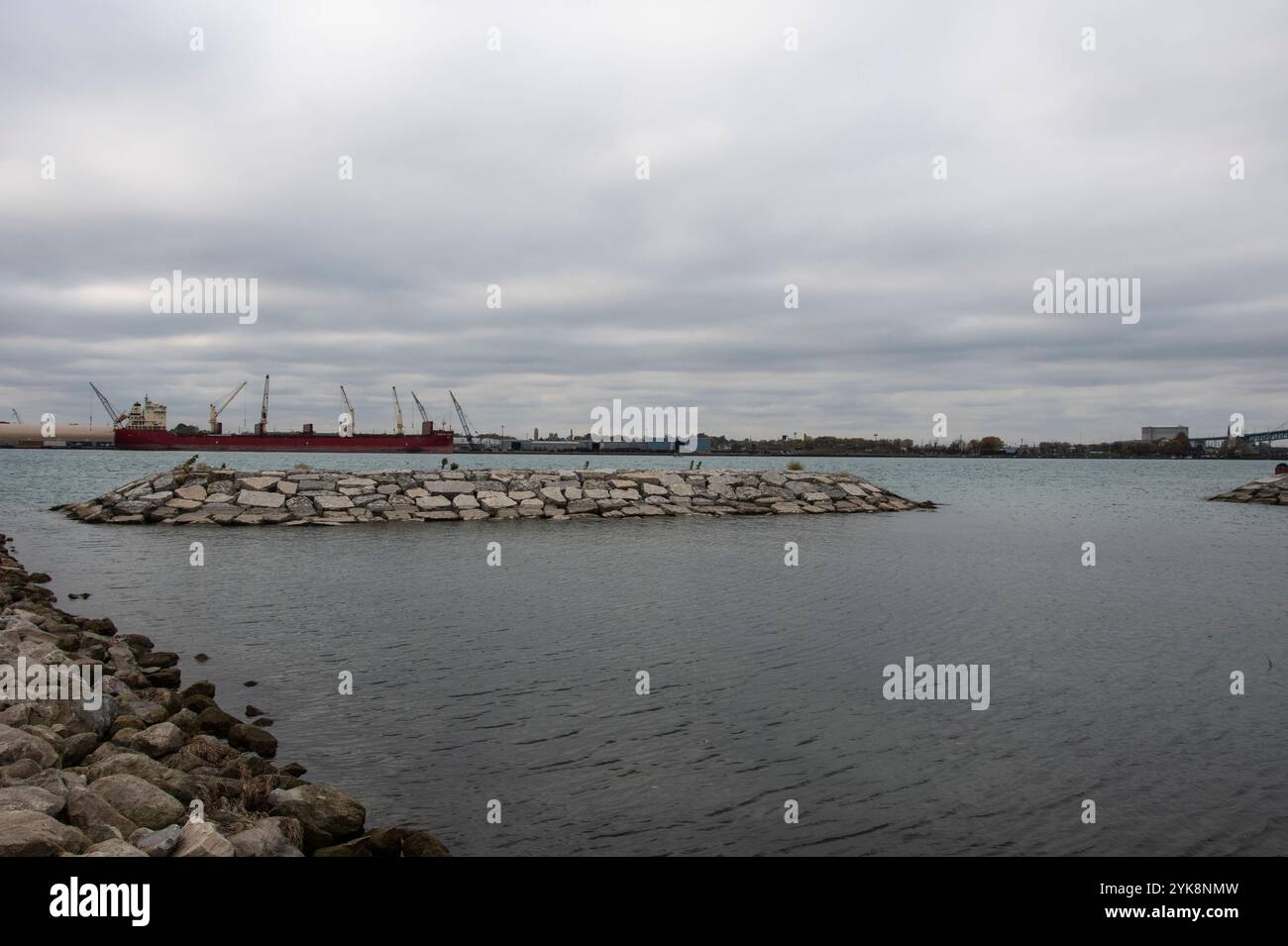 View of a freighter in the Detroit River from the Queen's Dock on ...